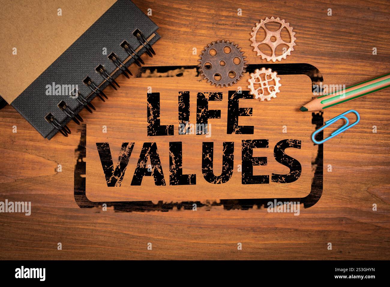 LIFE VALUES. Stamp on wood texture background. Office desk Stock Photo ...