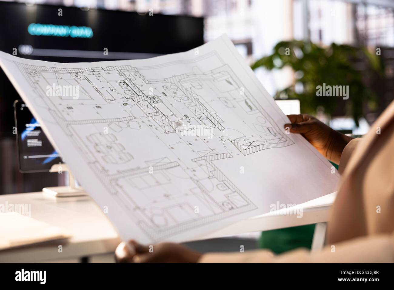Architect preparing detailed drawings showing interior structure of ...