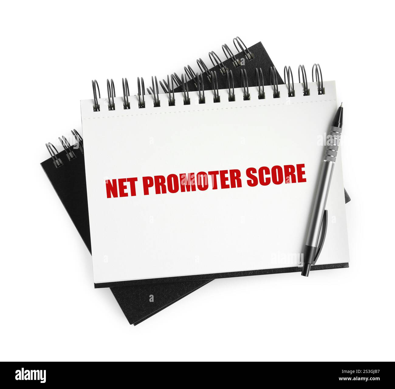 NPS (net promoter score) in notebook and pen on white background, top ...