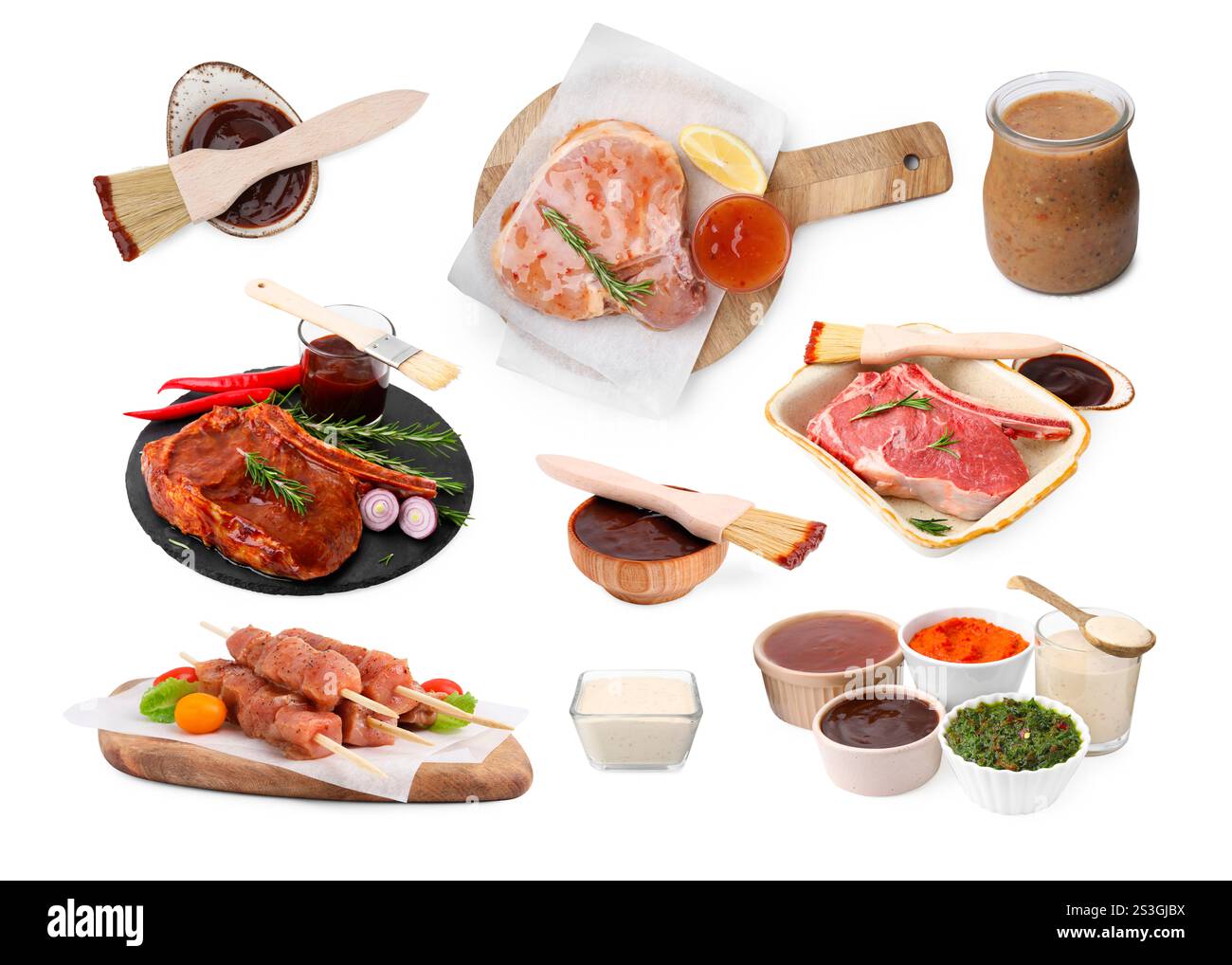 Marinade sauces and different types of marinated meat on white ...