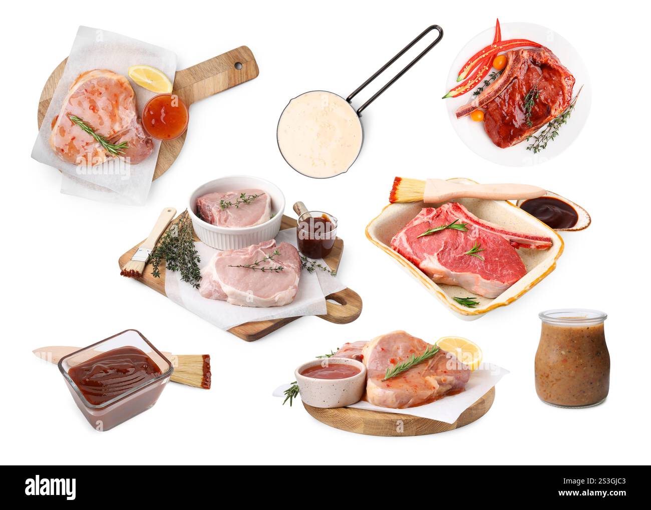 Marinade sauces and different types of marinated meat on white ...
