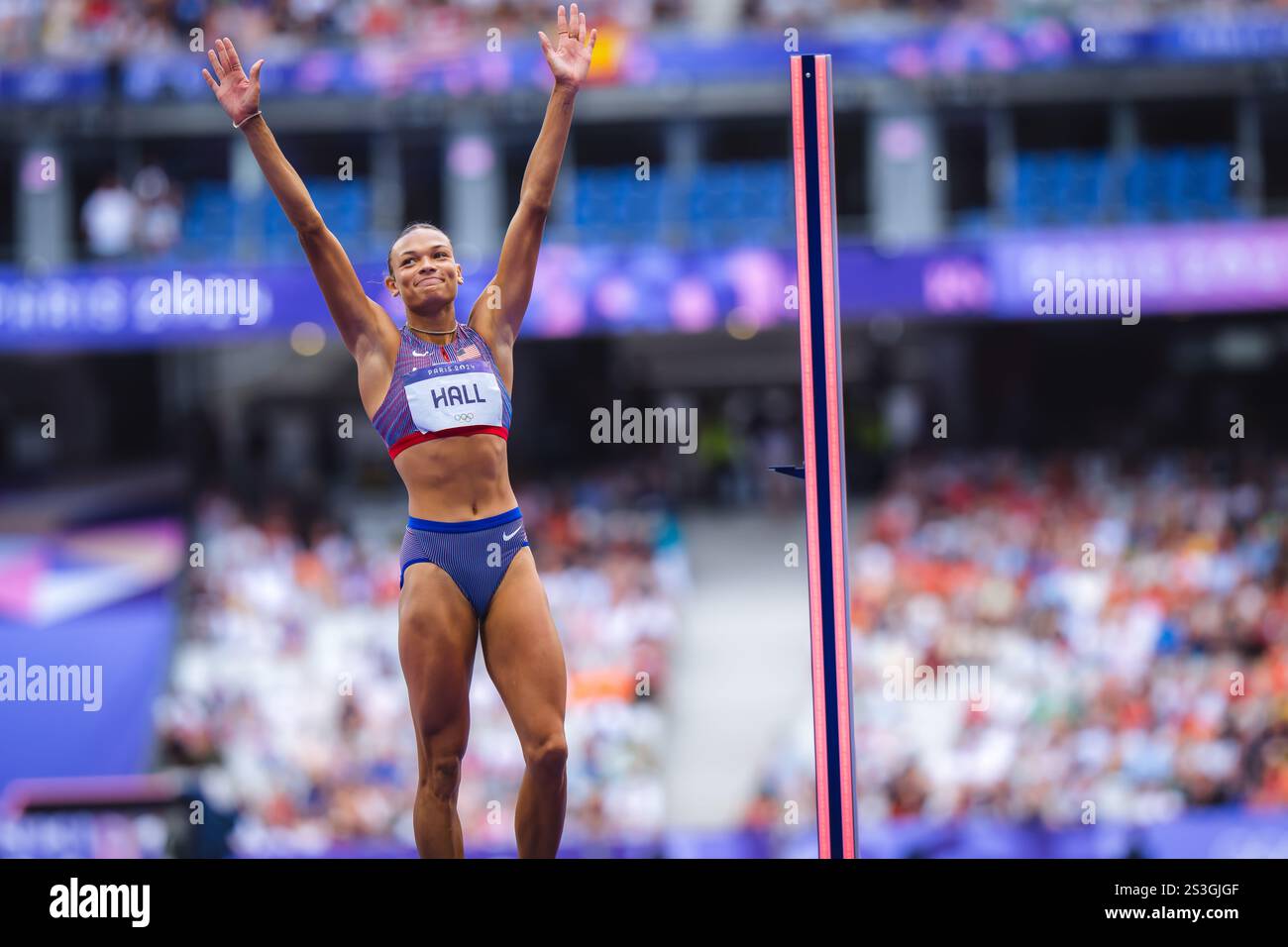 Anna Hall participating in the high jump at the Paris 2024 Olympic ...