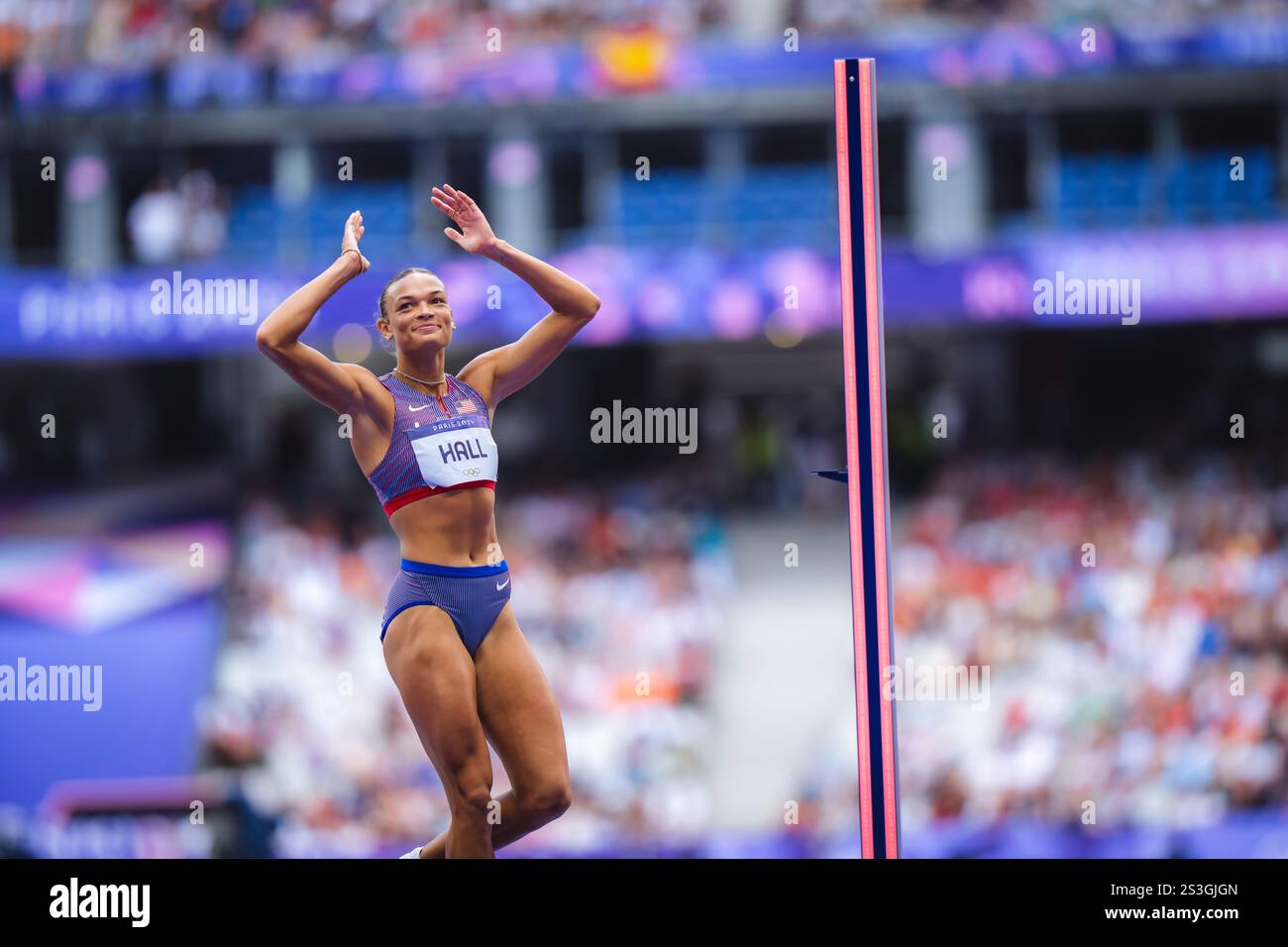 Anna Hall participating in the high jump at the Paris 2024 Olympic ...