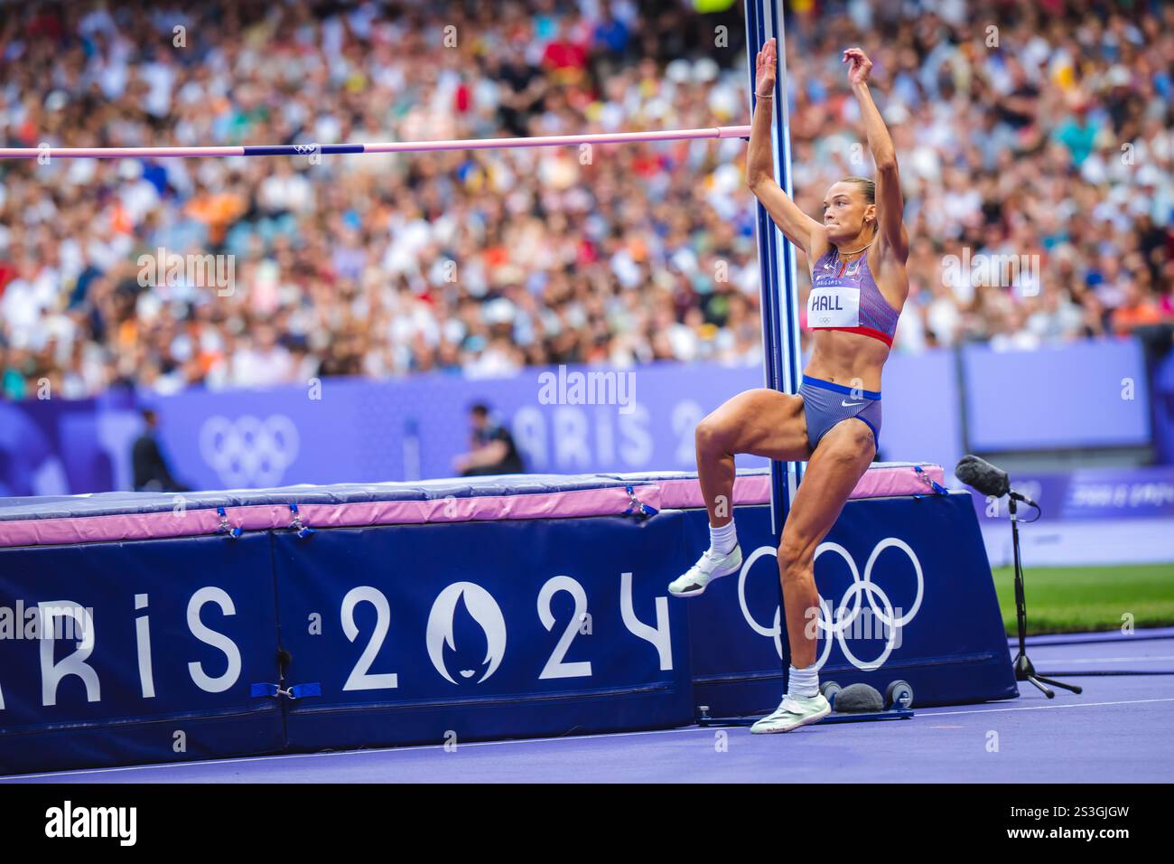 Anna Hall participating in the high jump at the Paris 2024 Olympic ...