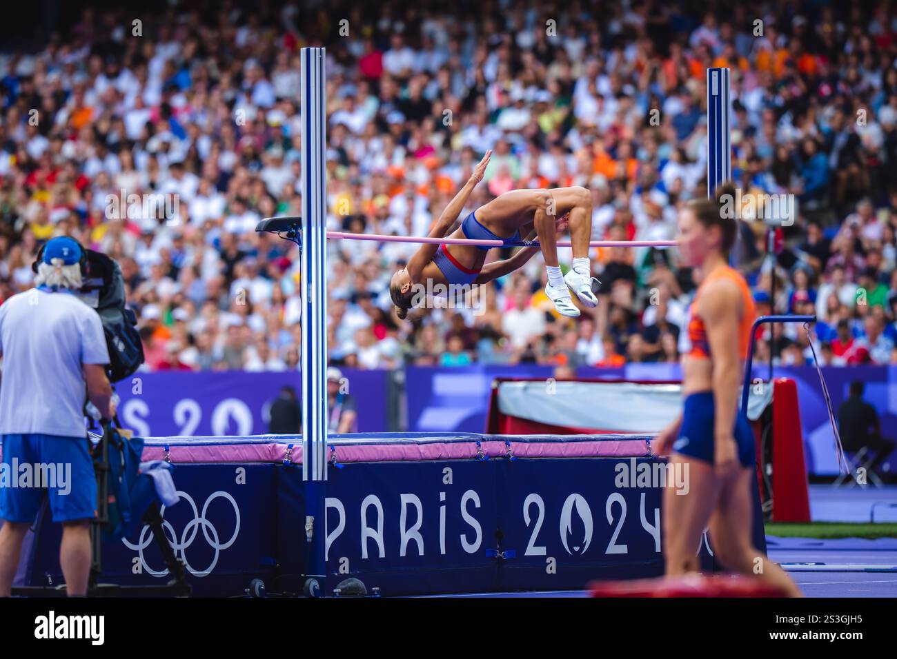 Anna Hall participating in the high jump at the Paris 2024 Olympic ...