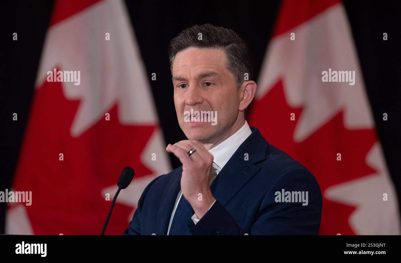Conservative leader Pierre Poilievre speaks with reporters during a ...