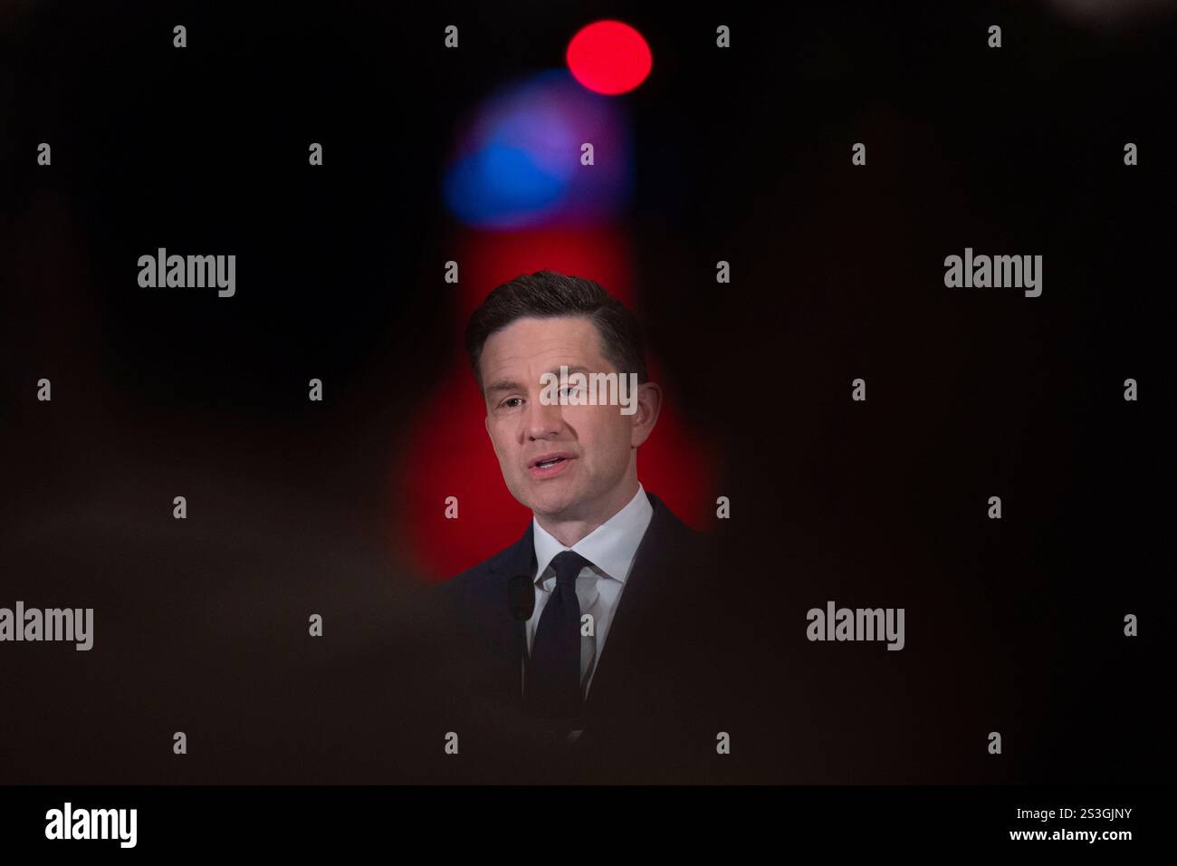 Conservative leader Pierre Poilievre speaks with reporters during a ...