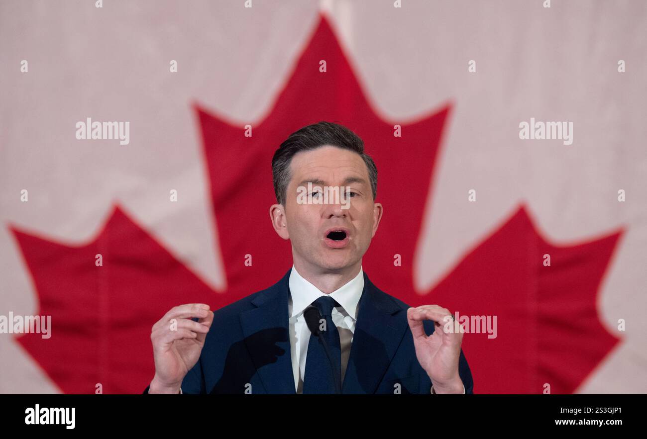 Conservative leader Pierre Poilievre speaks with reporters during a ...