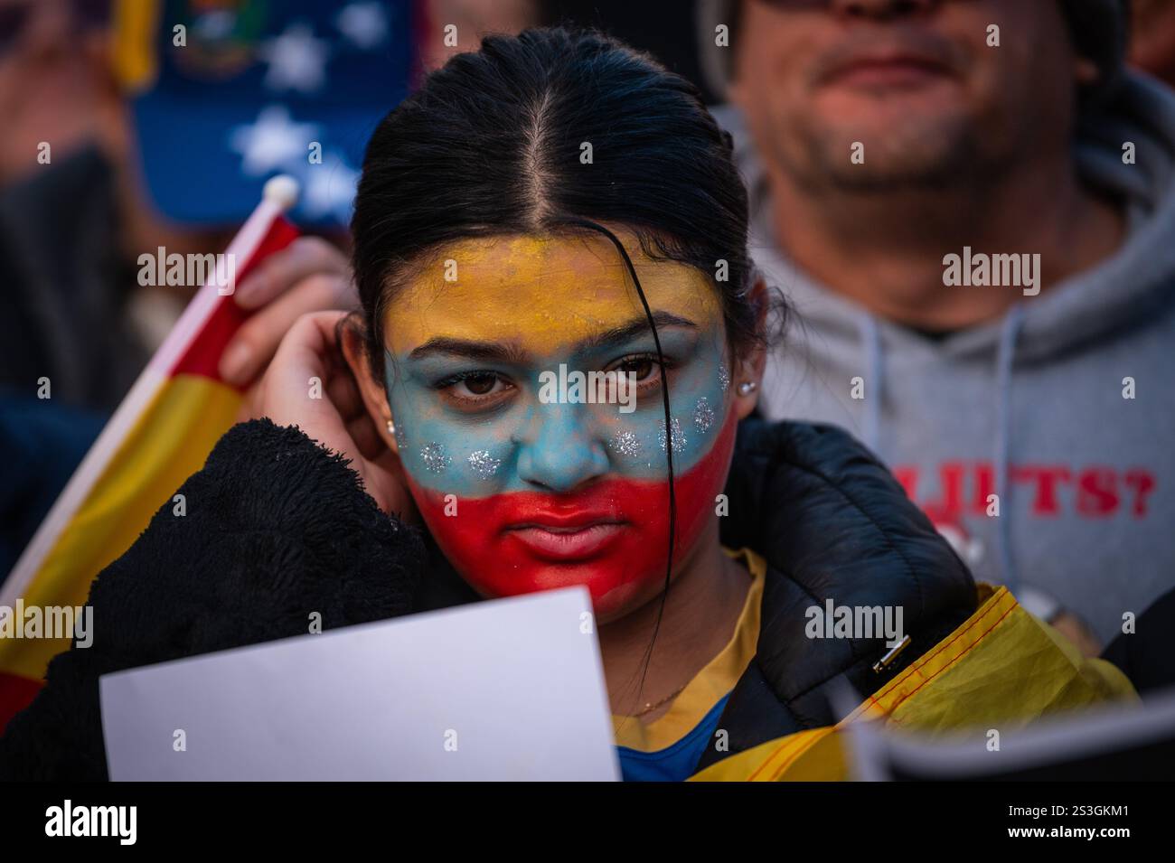 Madrid, Spain. 09th Jan, 2025. A woman with the flag of Venezuela ...