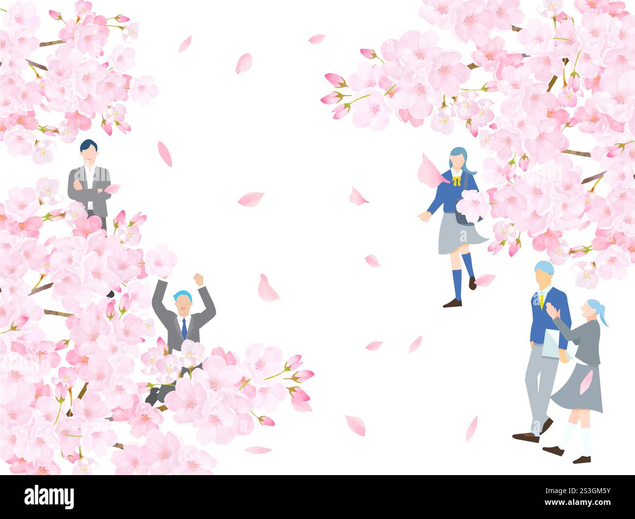 Vector illustration of cherry blossoms and students, male and female ...