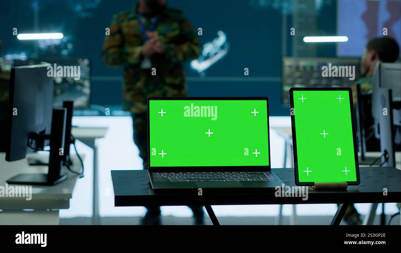 Military expert in an advanced operations center oversees satellite ...