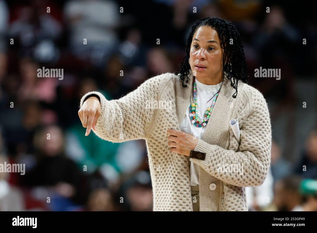 South Carolina head coach Dawn Staley questions a call during the first ...