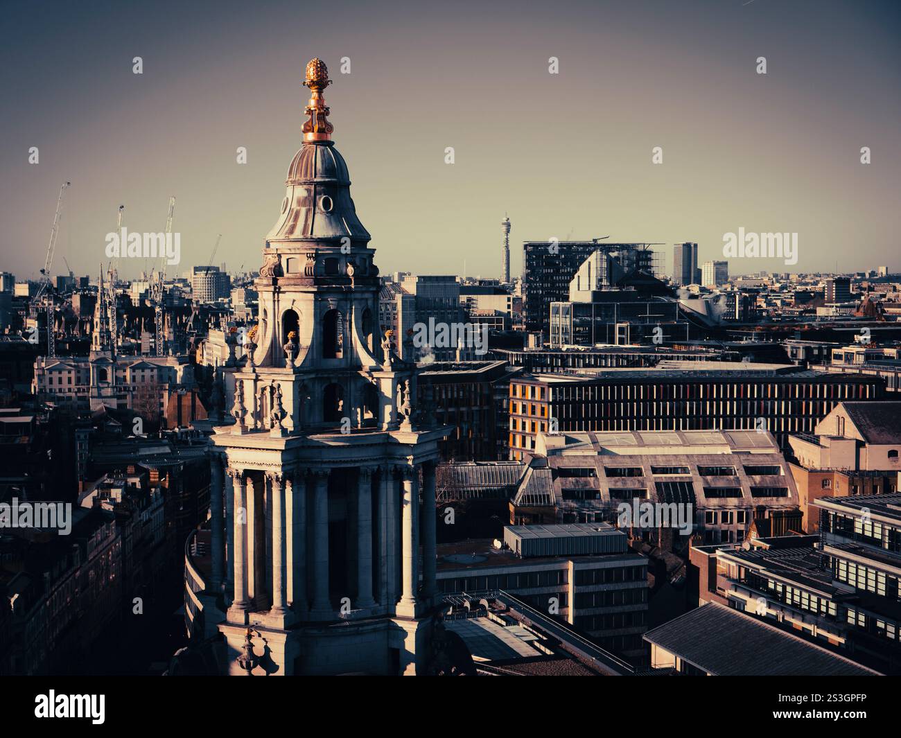 The Bell Tower, St Pauls Cathedral, with view of London, England, UK ...