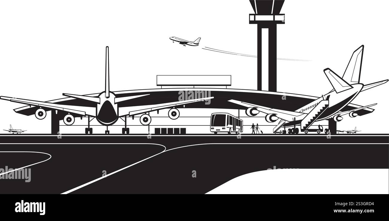 View to airport terminal and aircrafts – vector illustration Stock ...