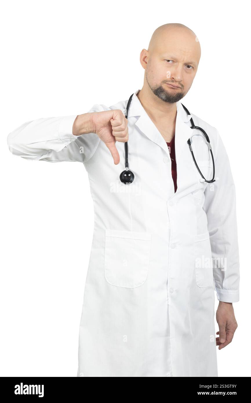 A bald male doctor with a beard is dressed in a white lab coat over red ...
