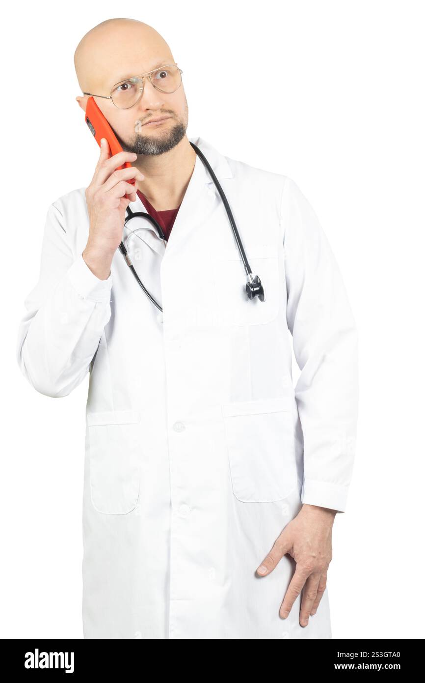 A bald male doctor with a beard is wearing a white lab coat over red ...