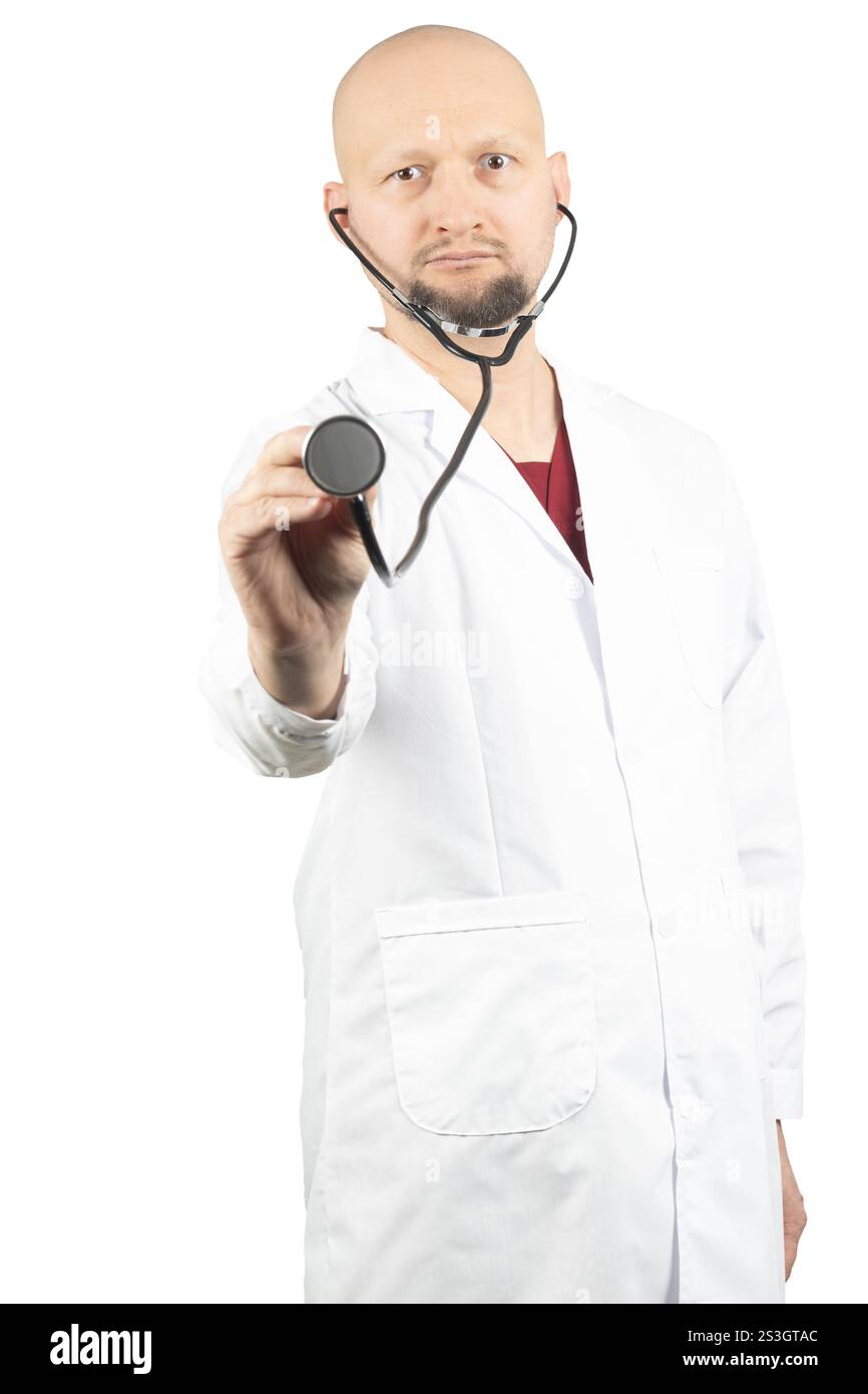 A bald male doctor with a beard is wearing a white lab coat over red ...