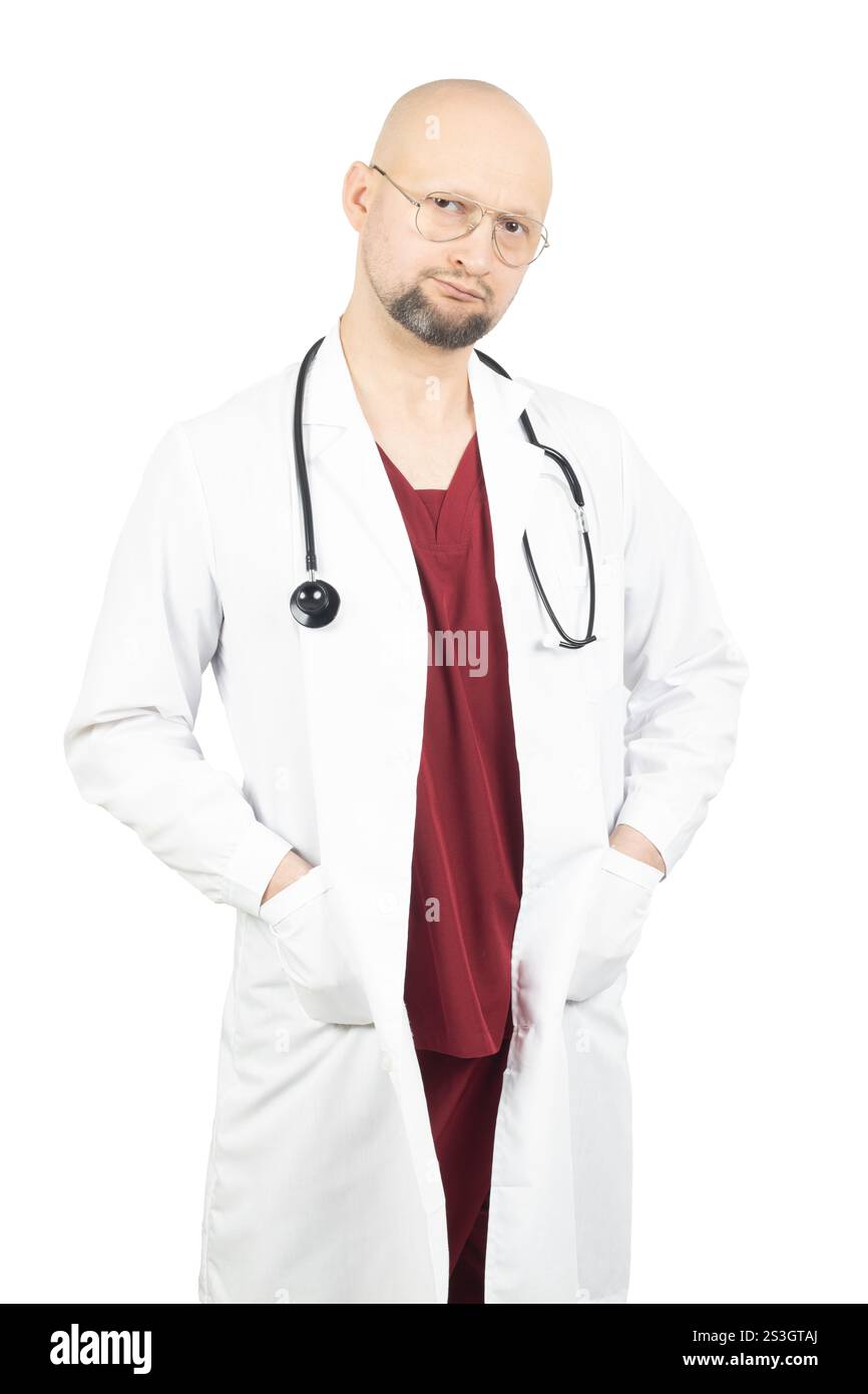 A bald male doctor with a beard is wearing a white lab coat over red ...