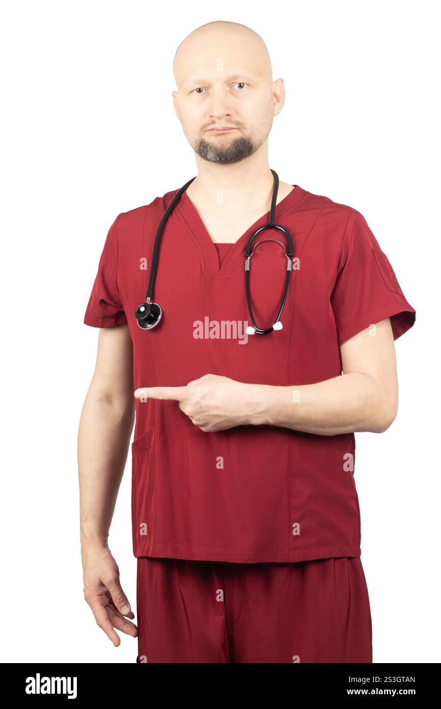 A bald male doctor with a beard is wearing red scrubs and has a ...
