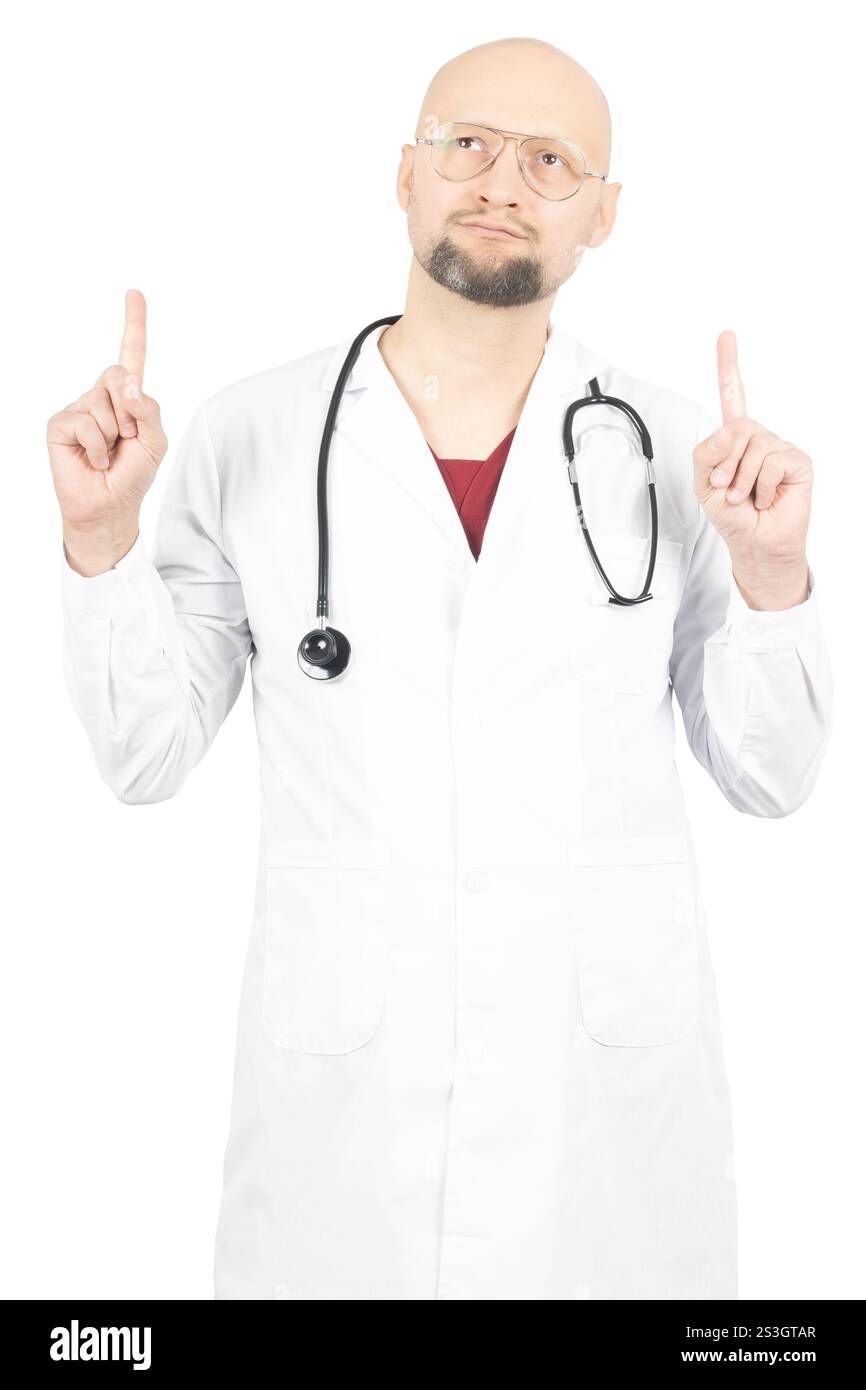 A bald male doctor with a beard is dressed in a white lab coat over red ...