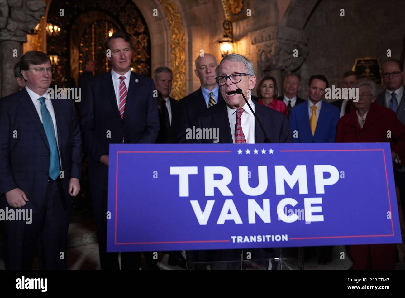 Ohio Gov. Mike DeWine speaks before President-elect Donald Trump during ...