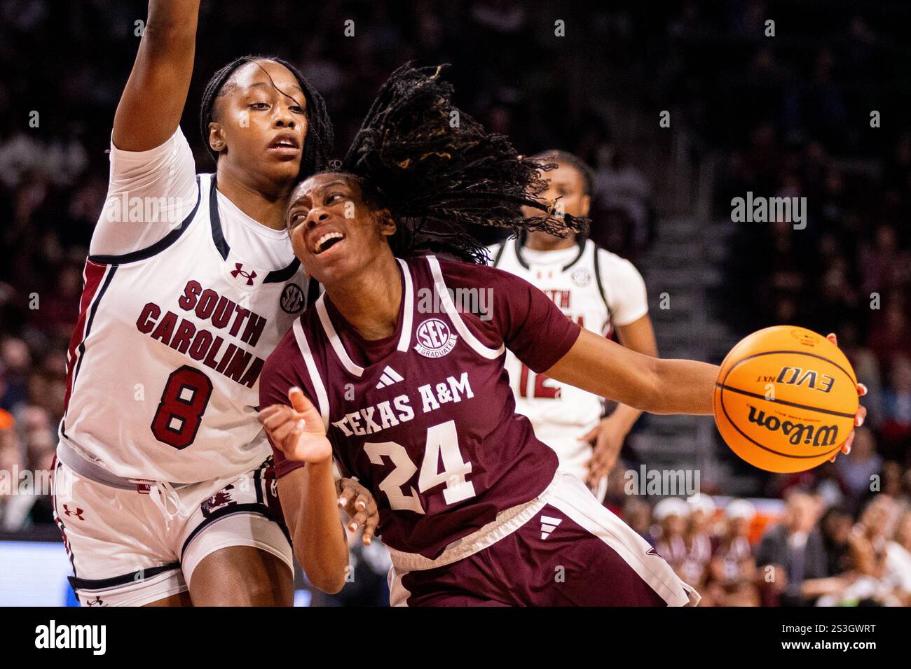 January 9, 2025: Texas A&M guard Sahara Jones (24) drives on South ...