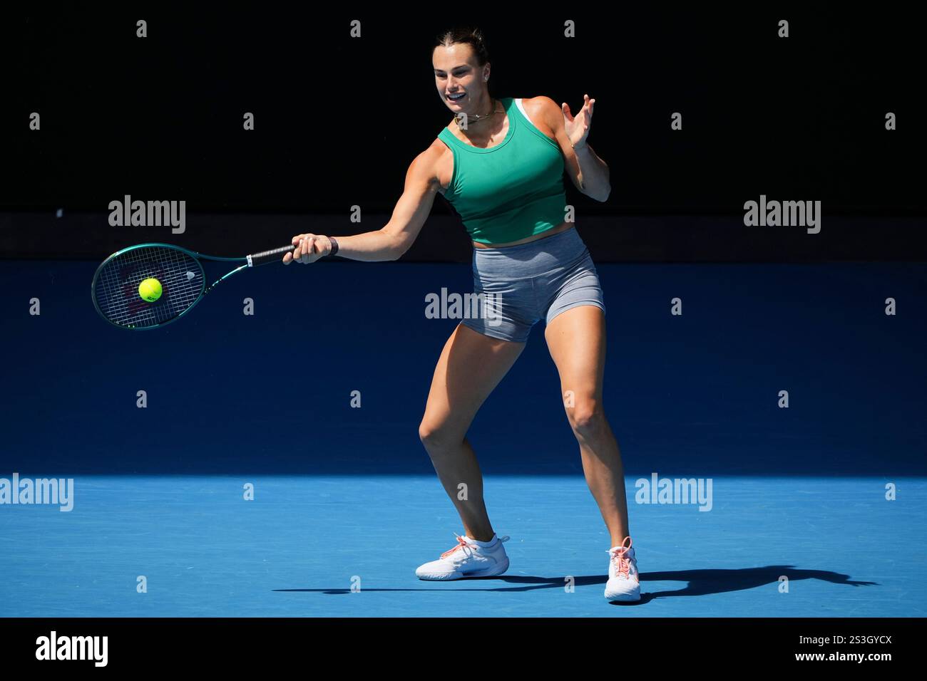 Ayrna Sabalenka of Belarus plays a forehand return during a practice ...