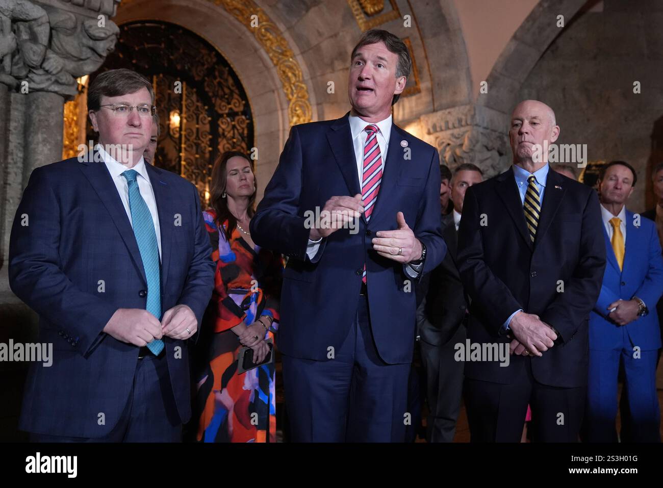 Virginia Gov. Glenn Youngkin, center, speaks as Mississippi Gov. Tate ...