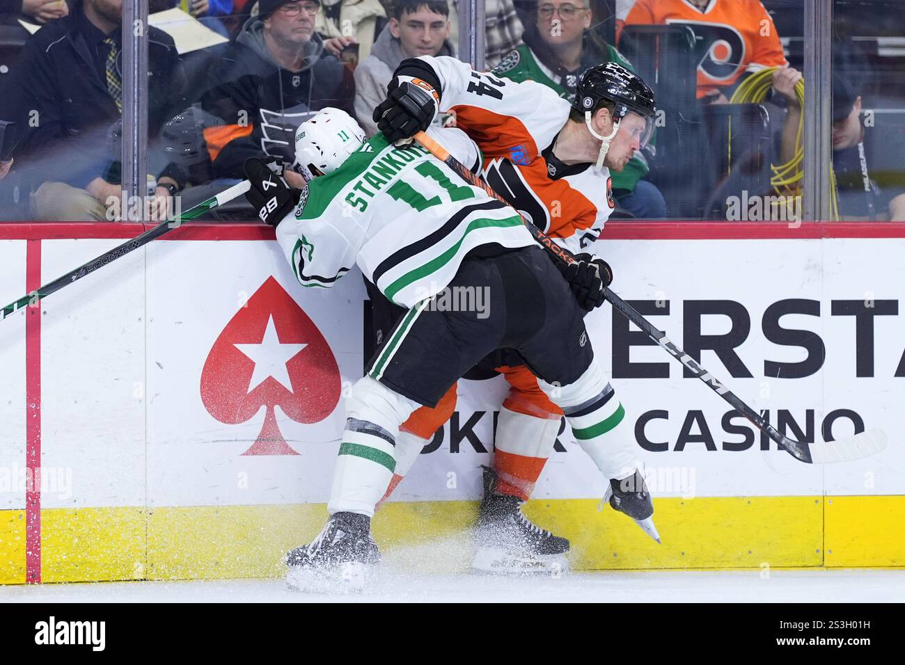 Philadelphia Flyers' Nick Seeler, right, and Dallas Stars' Logan ...