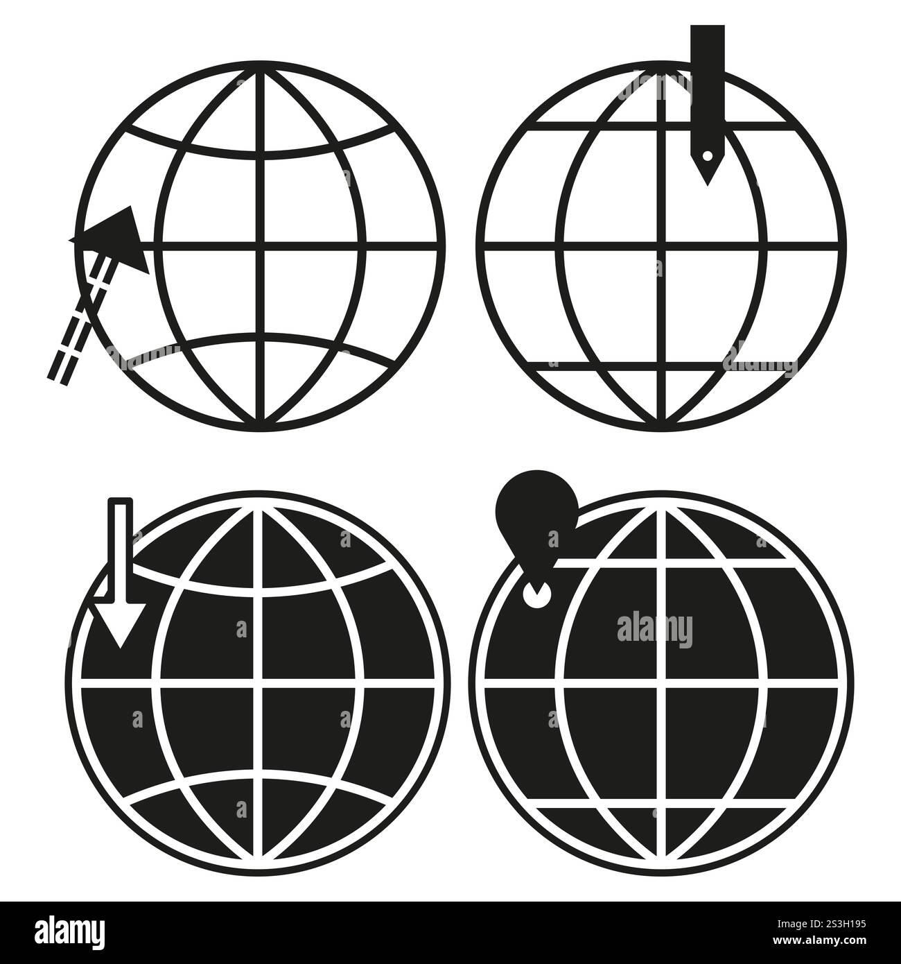 Globe with arrow. Global location symbol. Geographic pinpoint shape ...