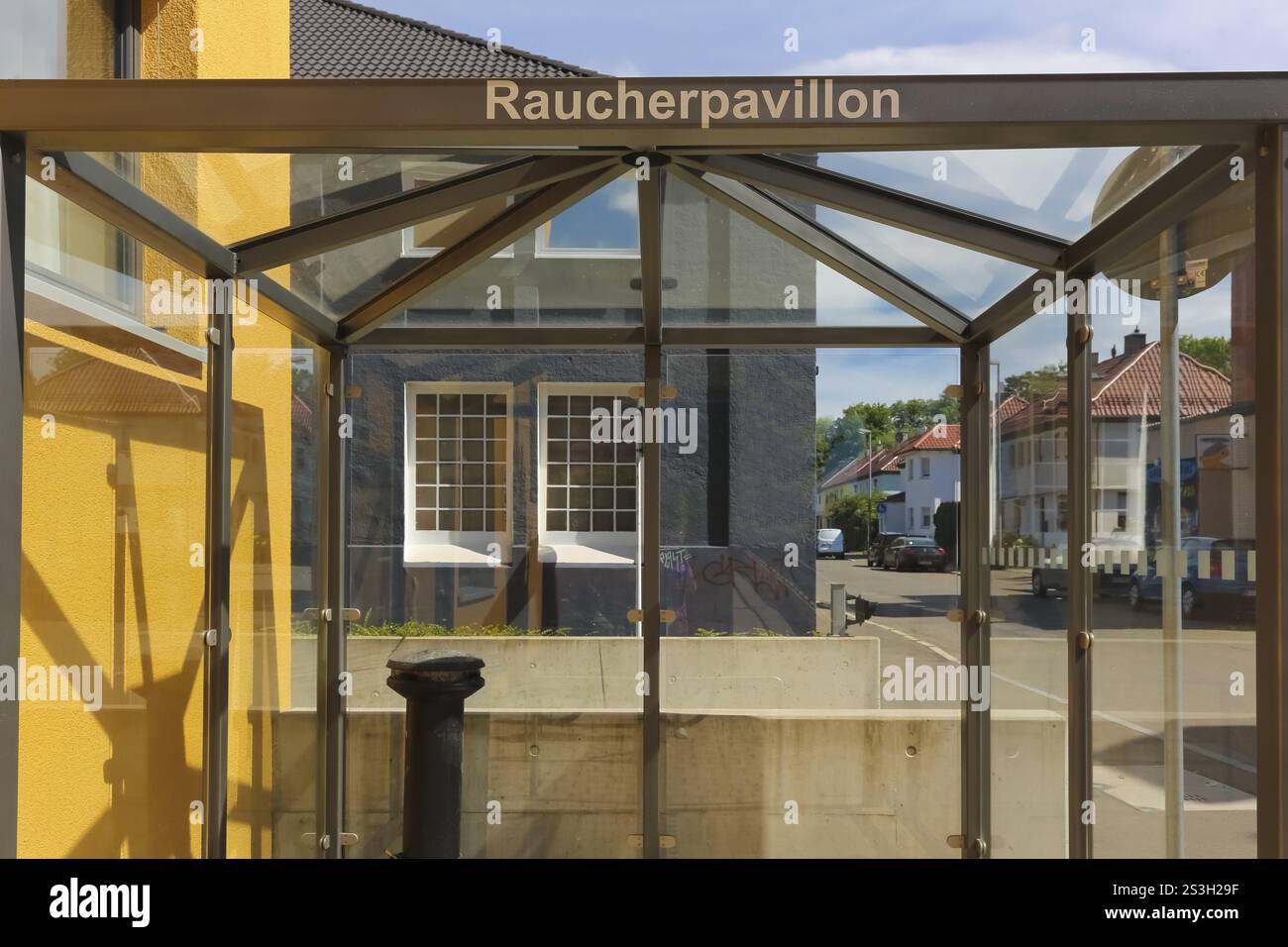 Smoking pavilion, glass shelter, smoking cabin, lettering, letters ...