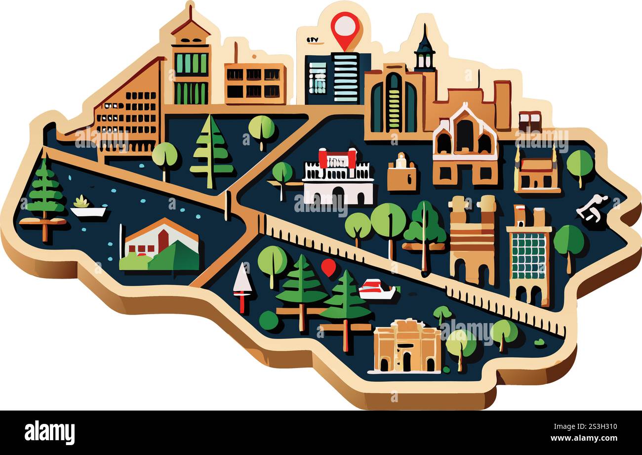 Decorative wooden map showcasing a citys architecture, roads, and ...