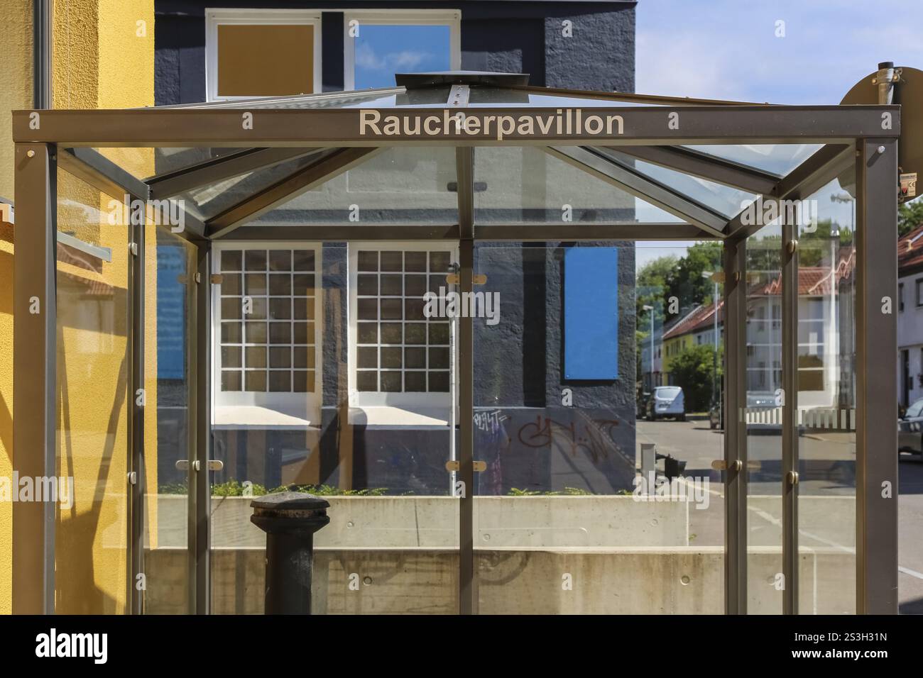 Smoking pavilion, glass shelter, smoking cabin, lettering, letters ...