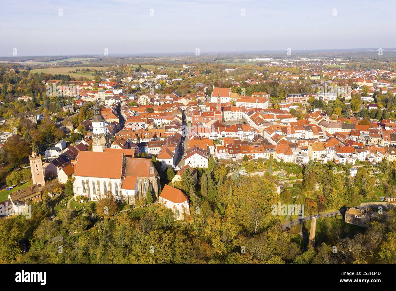 Aerial view of the town with St Mary's Church, town hall and St Annen ...