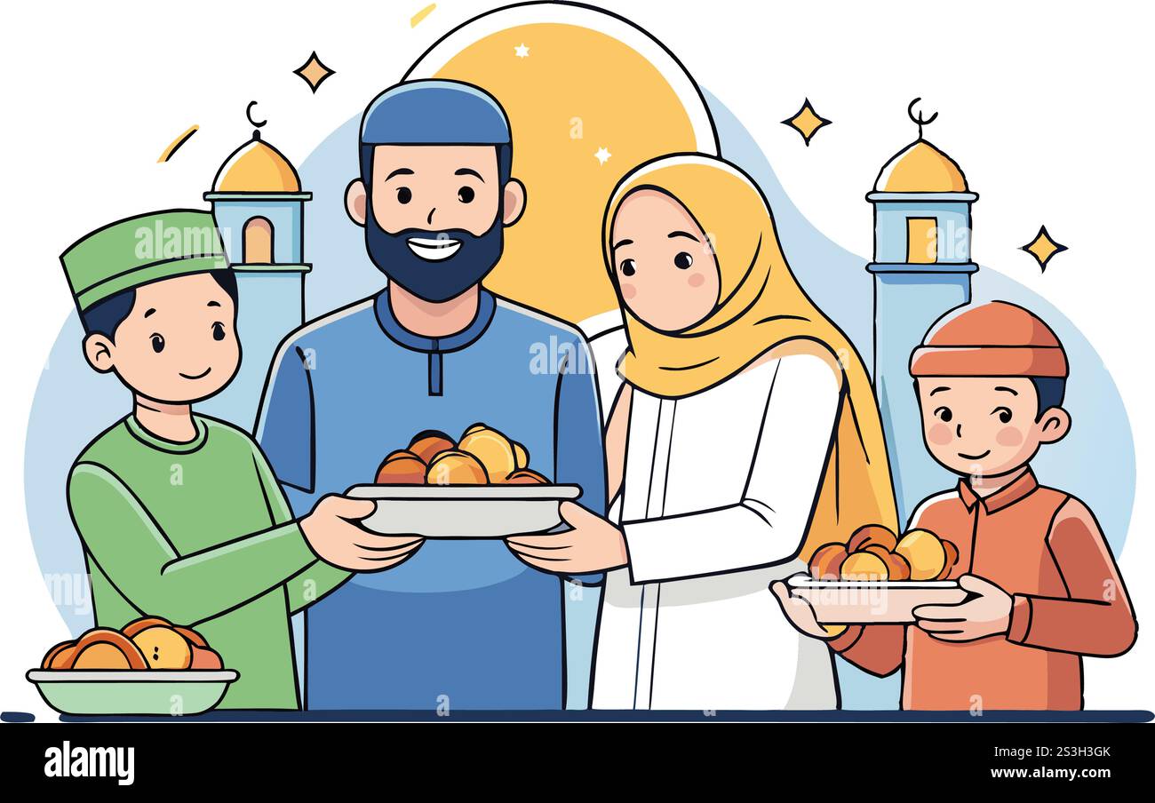 Detailed artwork of a Muslim family sharing dishes, showcasing cultural ...
