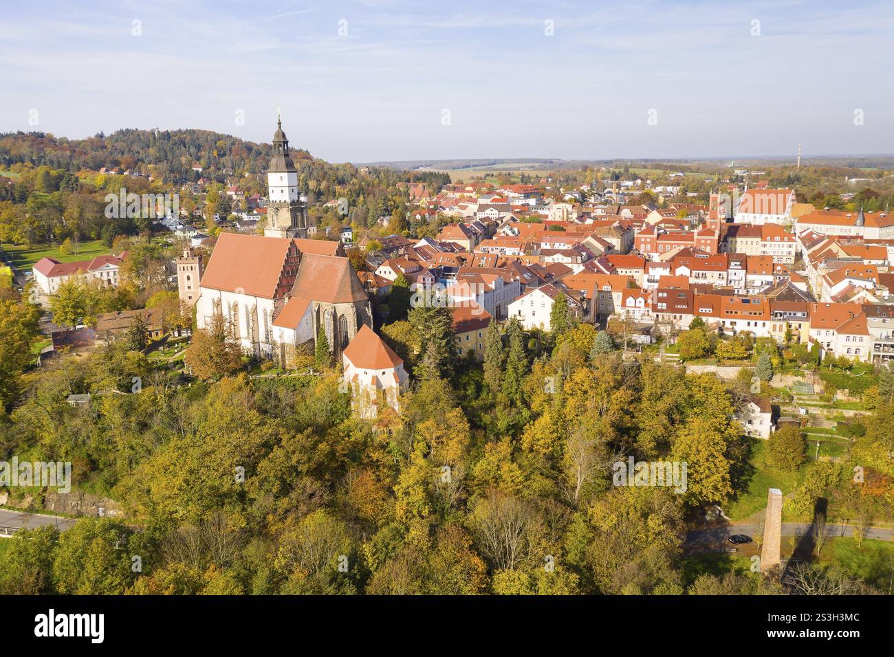 Aerial view of the town with St Mary's Church, town hall and St Annen ...