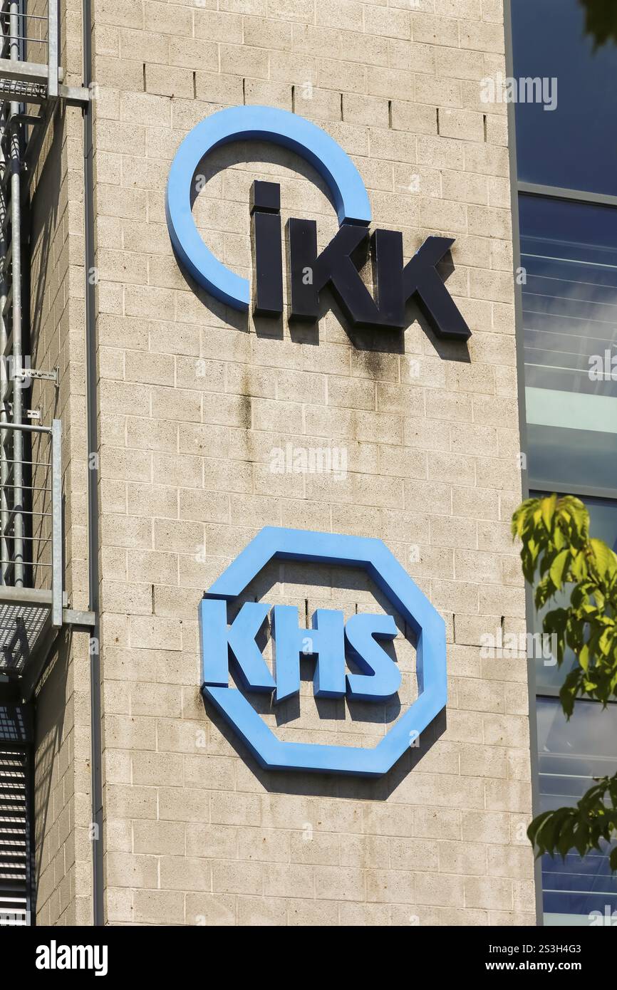 House of the guilds, facade with logos, IKK, health insurance company ...