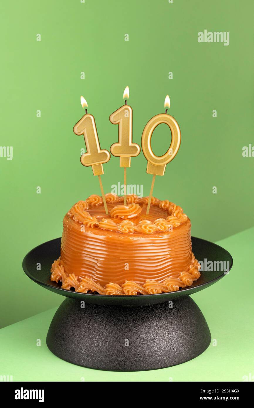 Delicious cake with dulce de leche - Number 110 birthday candle on a ...