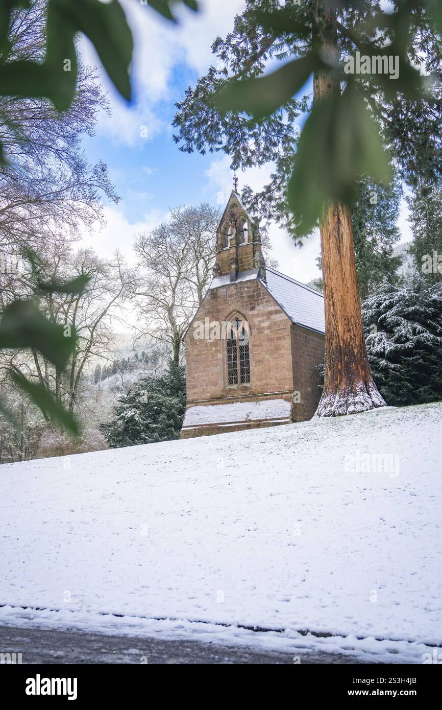 Small church in the snow, surrounded by wintry trees and a clear sky ...
