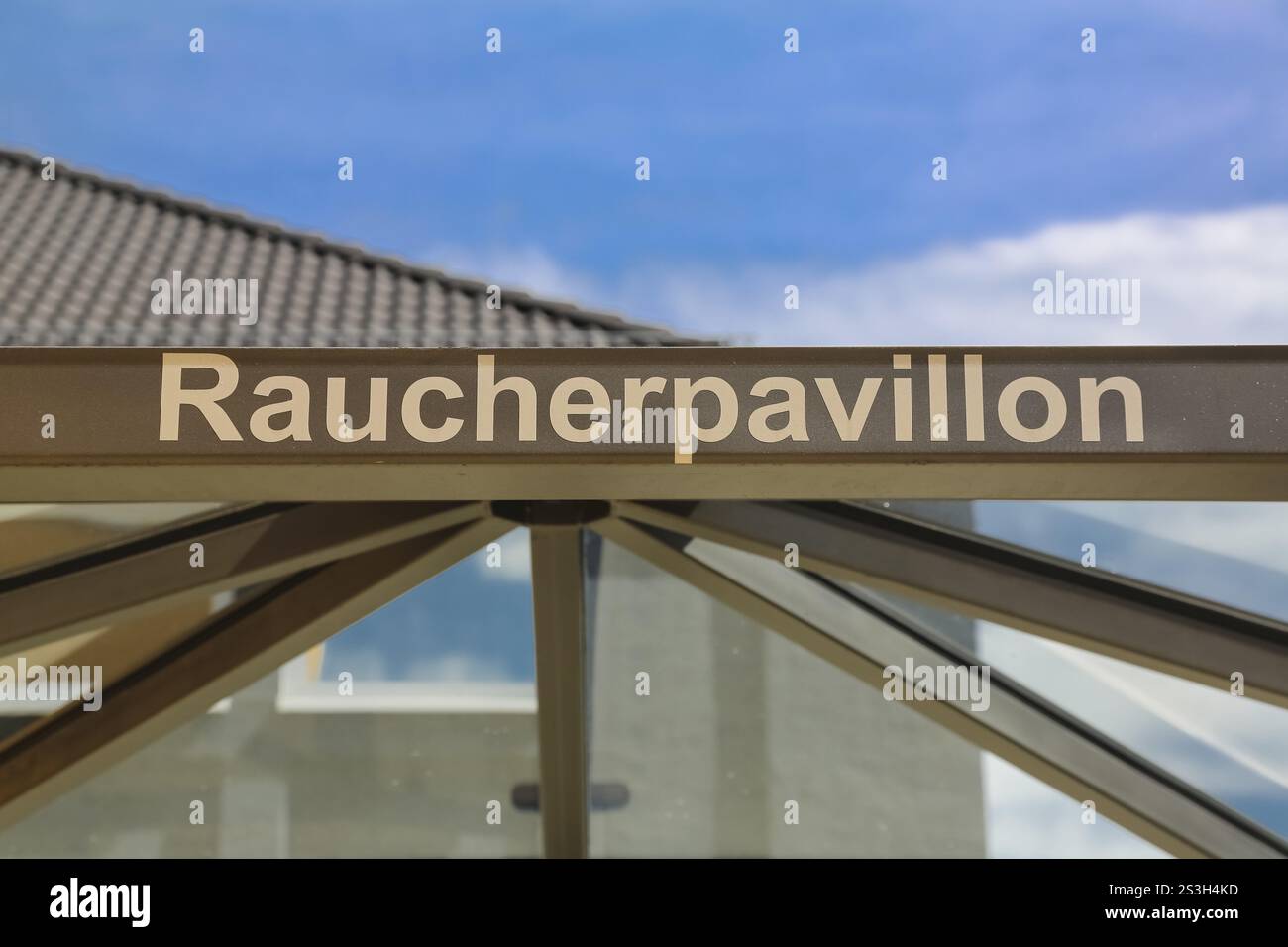 Smoking pavilion, glass shelter, smoking cabin, lettering, letters ...