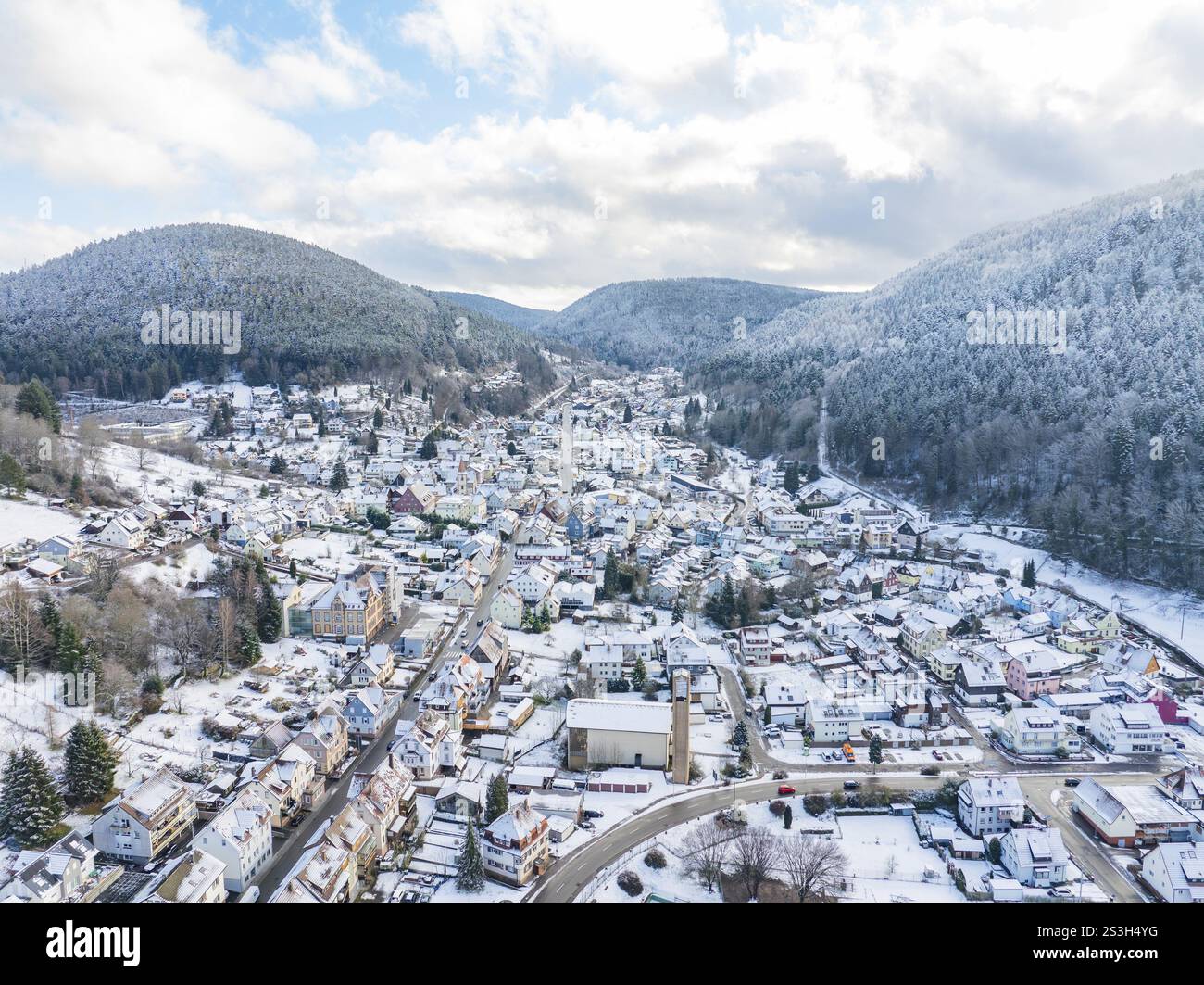 Wide winter landscape with a town in a snowy valley, Calmbach, Black ...