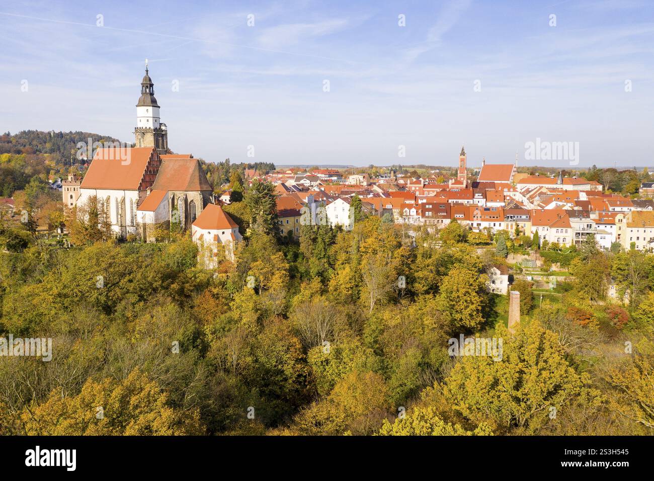 Aerial view of the town with St Mary's Church, town hall and St Annen ...