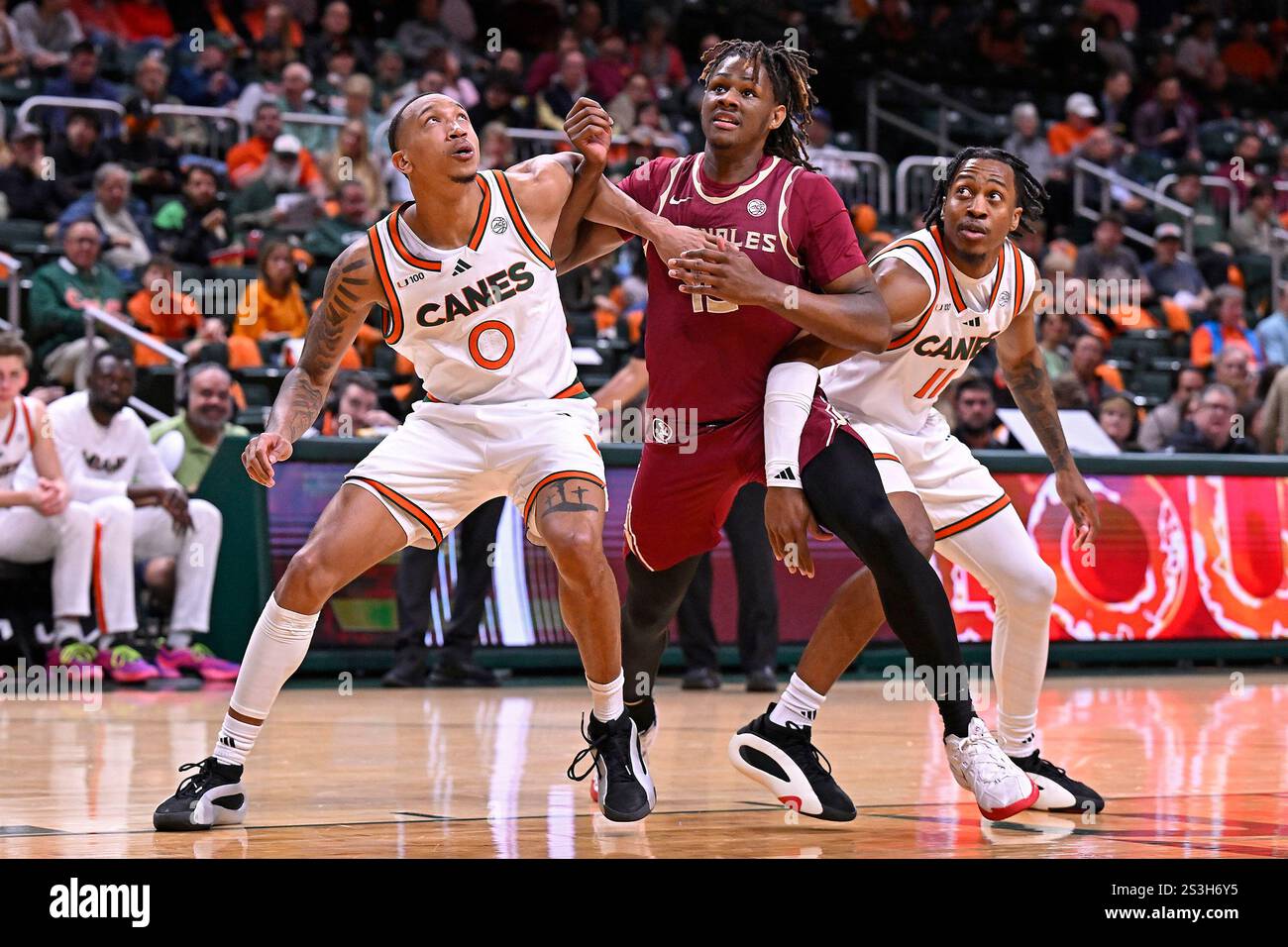 CORAL GABLES, FL - JANUARY 08: Miami guard Matthew Cleveland (0) fights ...