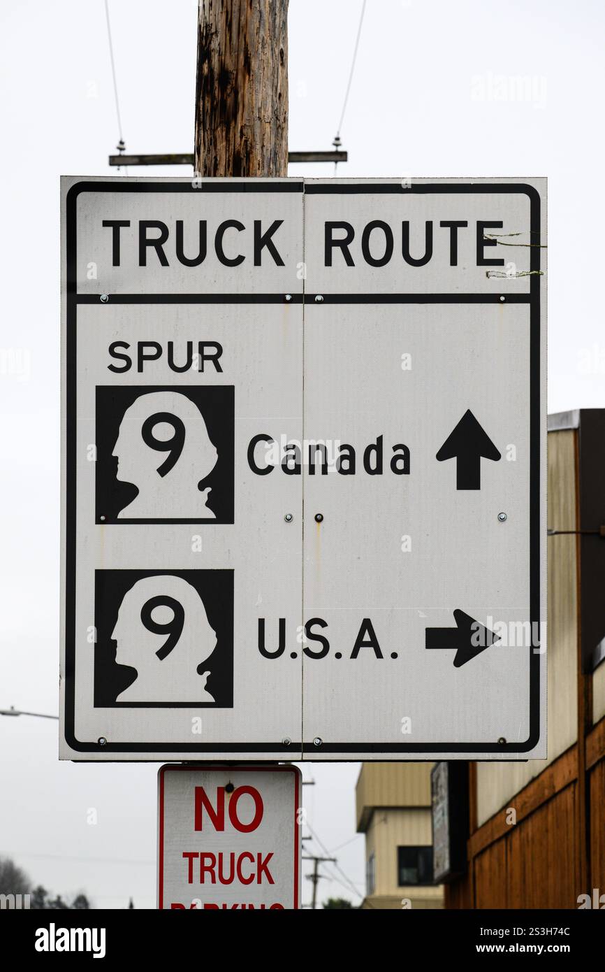 Sumas, WA, USA - January 8, 2025; Truck route road sign with choice of ...