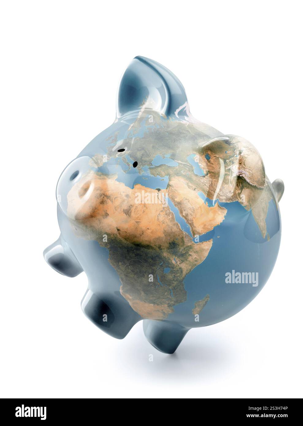 Piggy bank with the world map on it representing global economy ...
