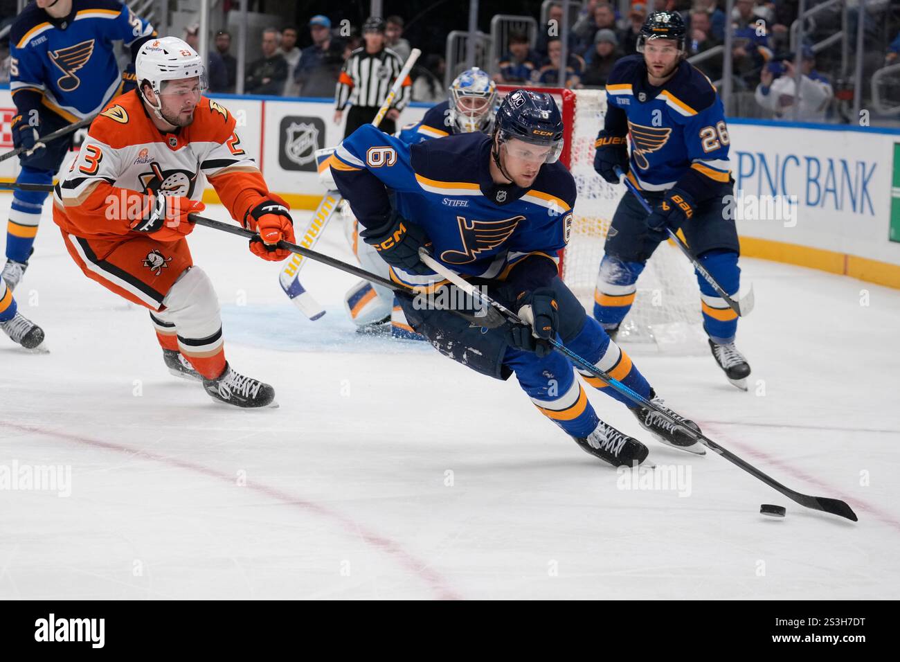 St. Louis Blues' Philip Broberg (6) controls the puck as Anaheim Ducks ...