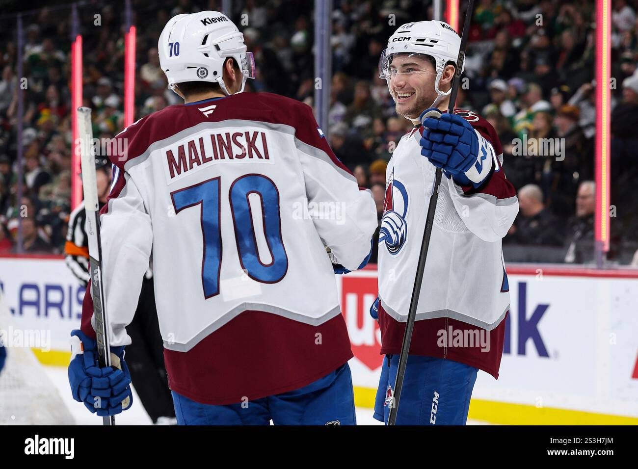 Colorado Avalanche center Ross Colton, right, celebrates his goal with ...