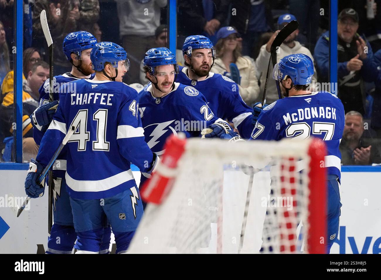 Tampa Bay Lightning center Michael Eyssimont (23) celebrates his goal ...
