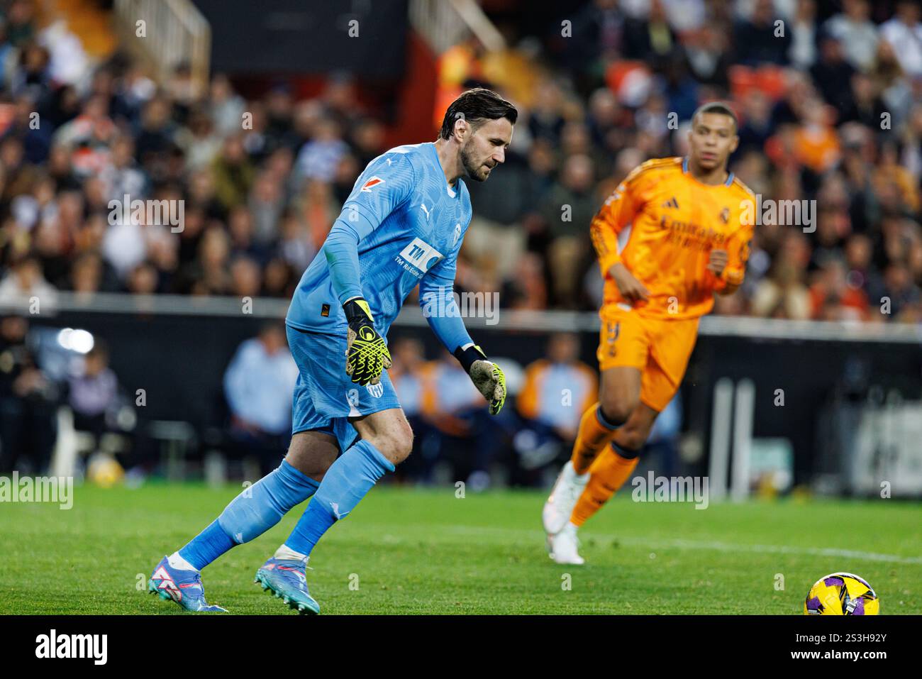 Stole Dimitrievski during LaLiga EA SPORTS game between teams of Valencia CF and Real Madrid FC ...