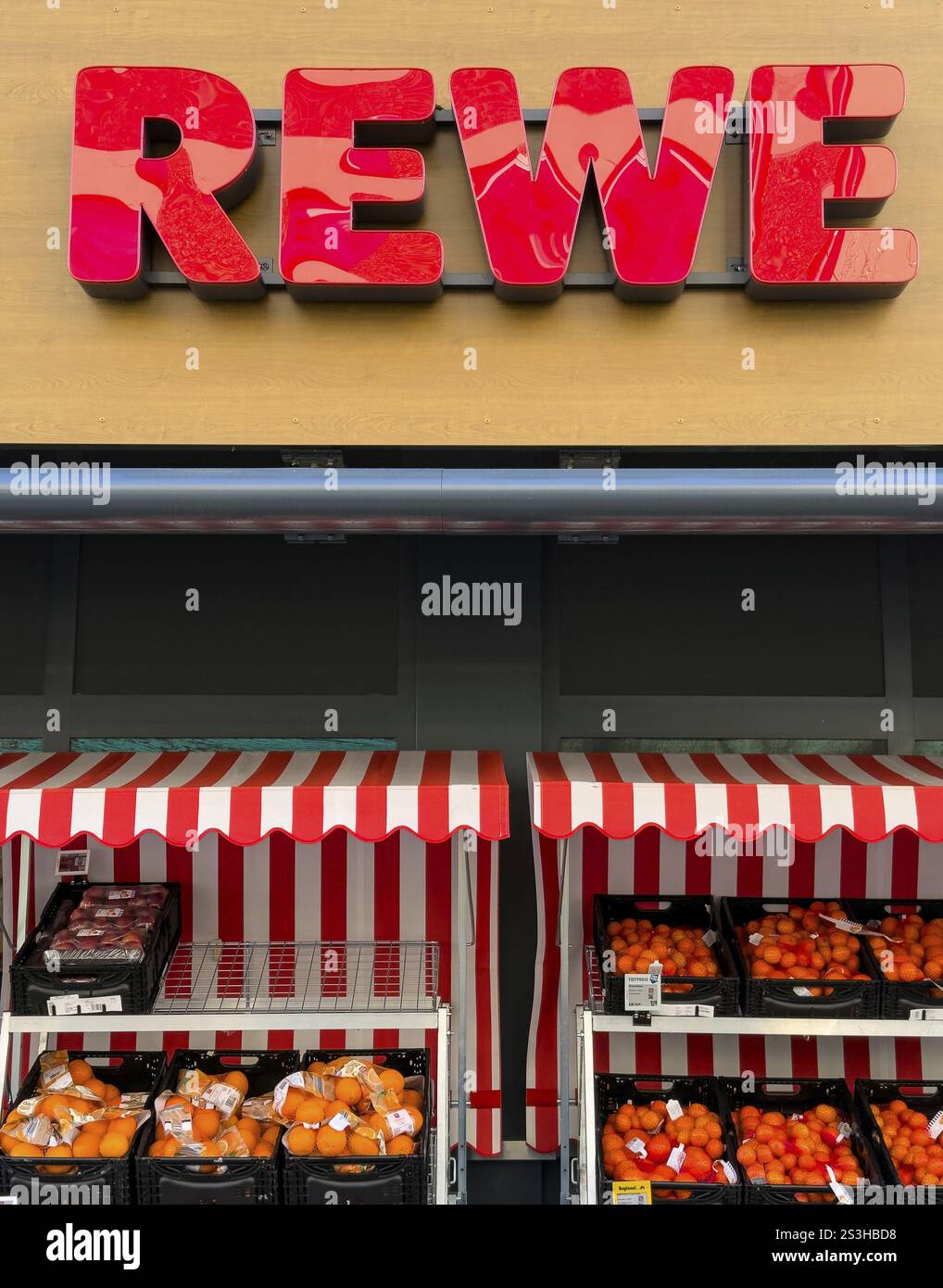 Rewe lettering on a supermarket in Duesseldorf, Germany, Europe Stock ...